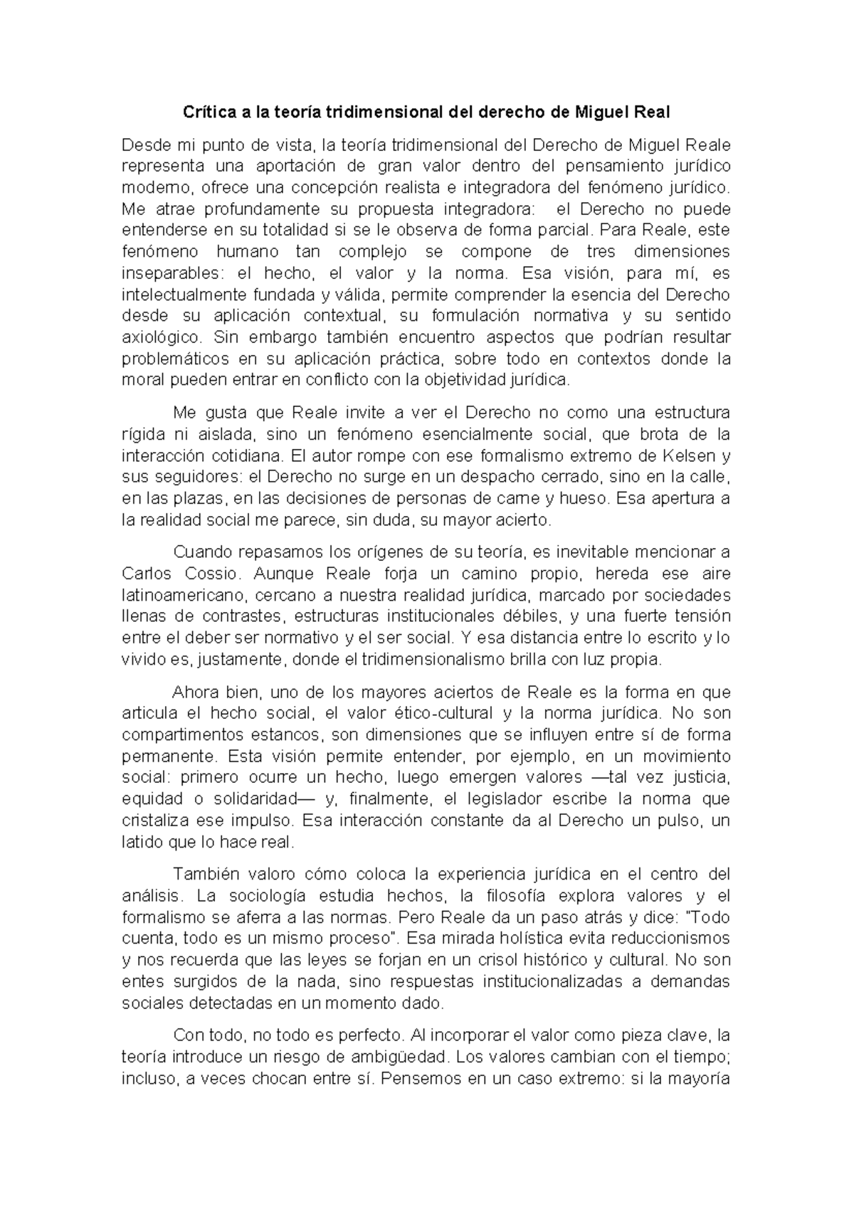 Crítica a la Teoría Tridimensional del Derecho de Miguel Reale - Studocu