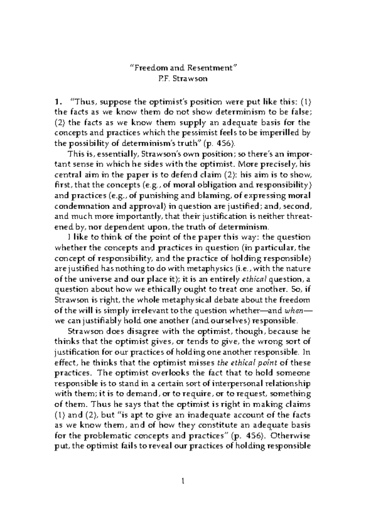 Reading Notes on P.F. Strawson's "Freedom and Resentment" - PHIL 101 ...