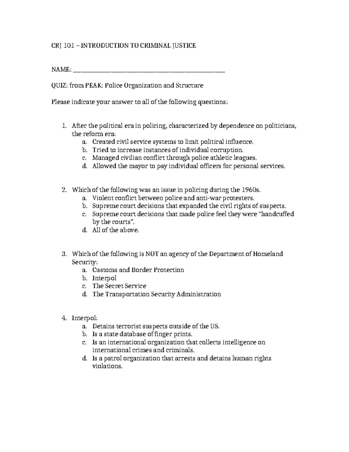 CRJ 101 Quiz: Police Organization and Structure from PEAK - CRJ 101 ...