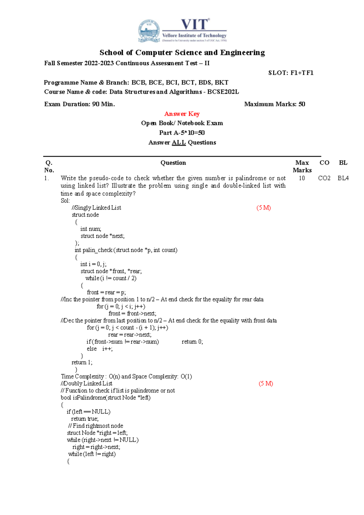 BCSE202L Continuous Assessment Test II: Data Structures & Algorithms ...