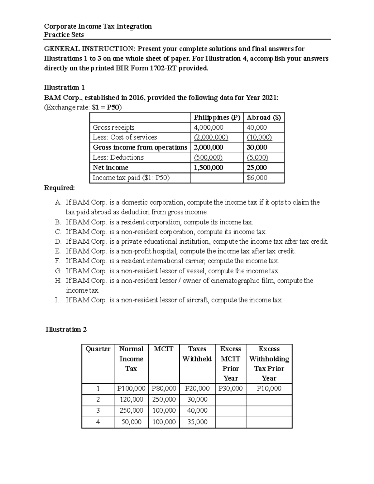 CIT 101: Corporate Income Tax Integration Practice Problems - Studocu