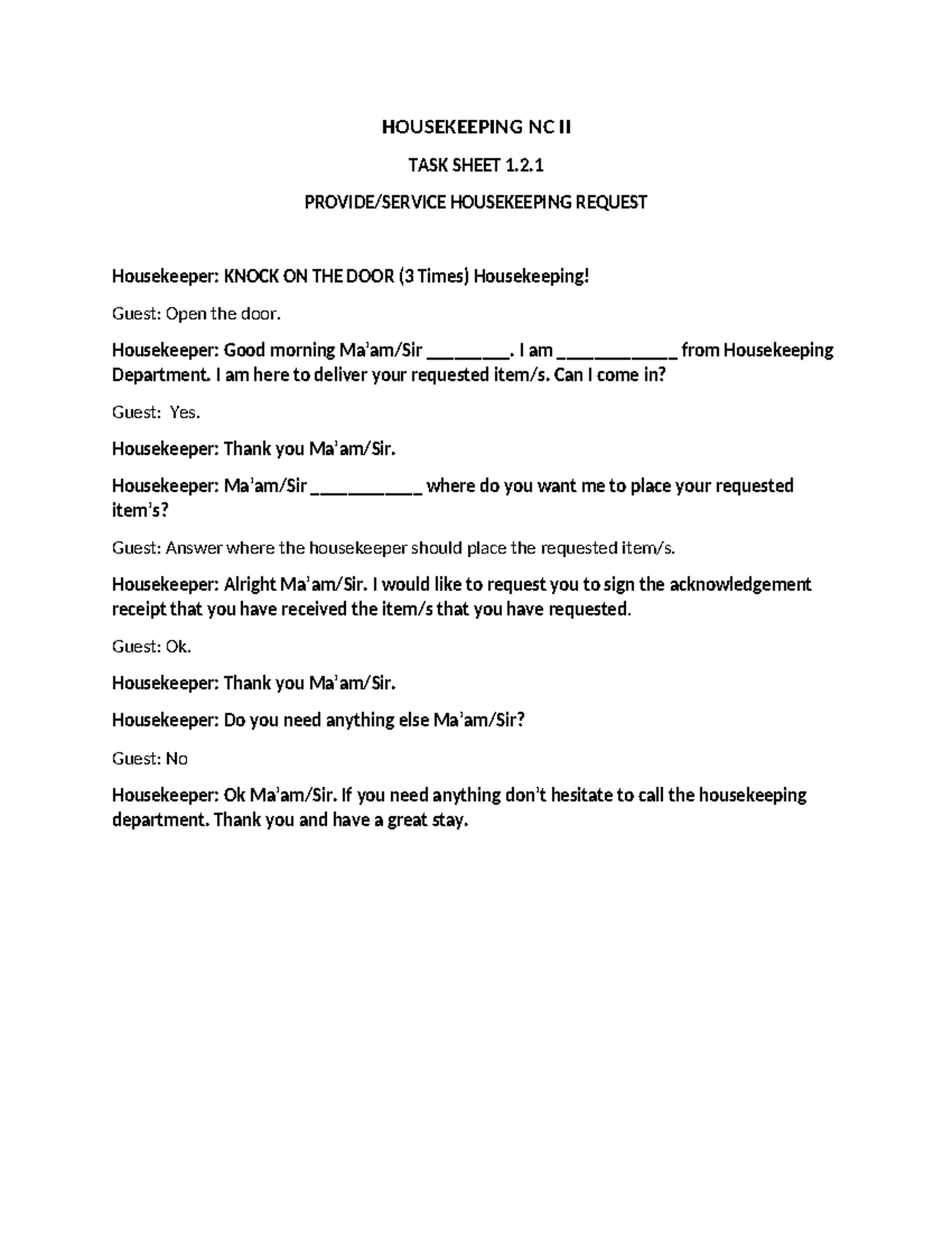HOUSEKEEPING NC II: TASK 2 - Providing & Servicing Requests - Studocu