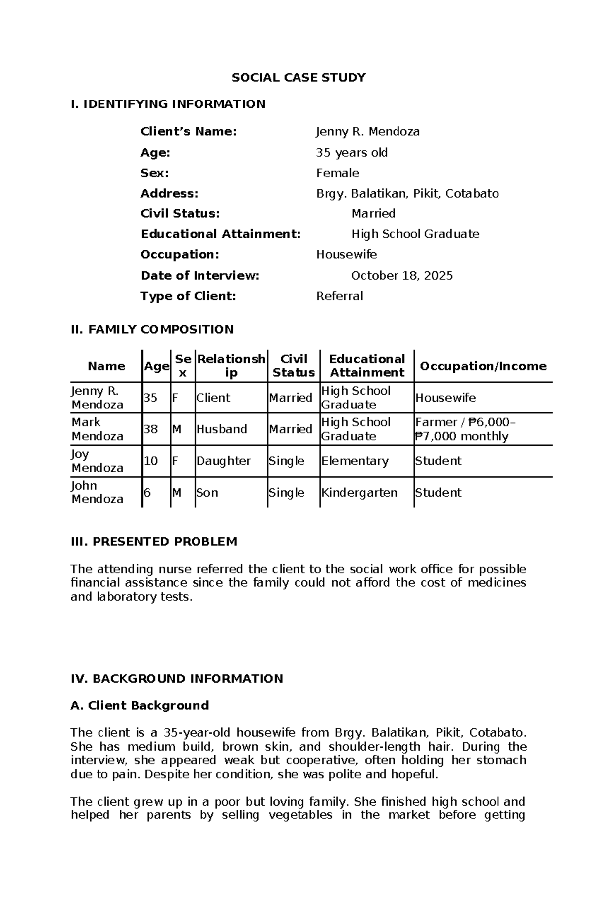 SOCIAL CASE STUDY I: JENNY R. MENDOZA'S FAMILY ASSESSMENT - Studocu