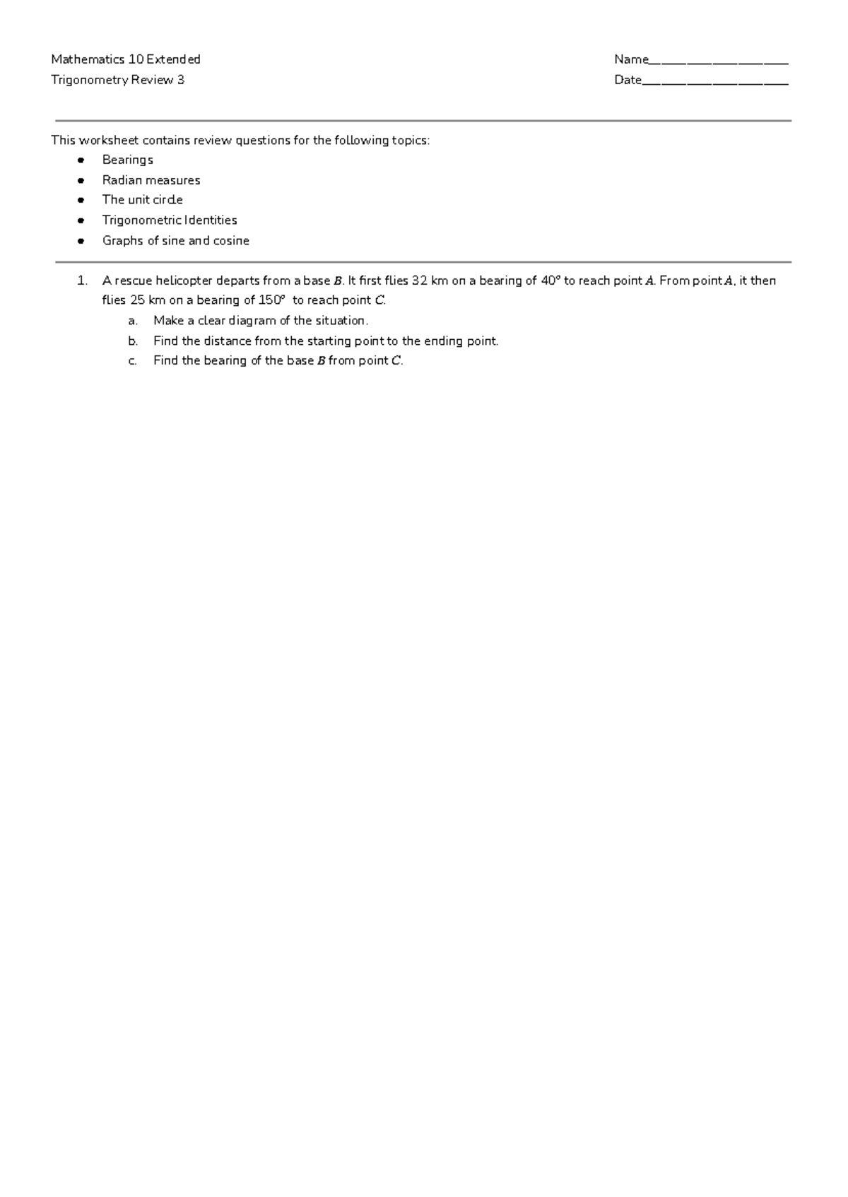 Mathematics 10: Trigonometry Review Worksheet - Studocu