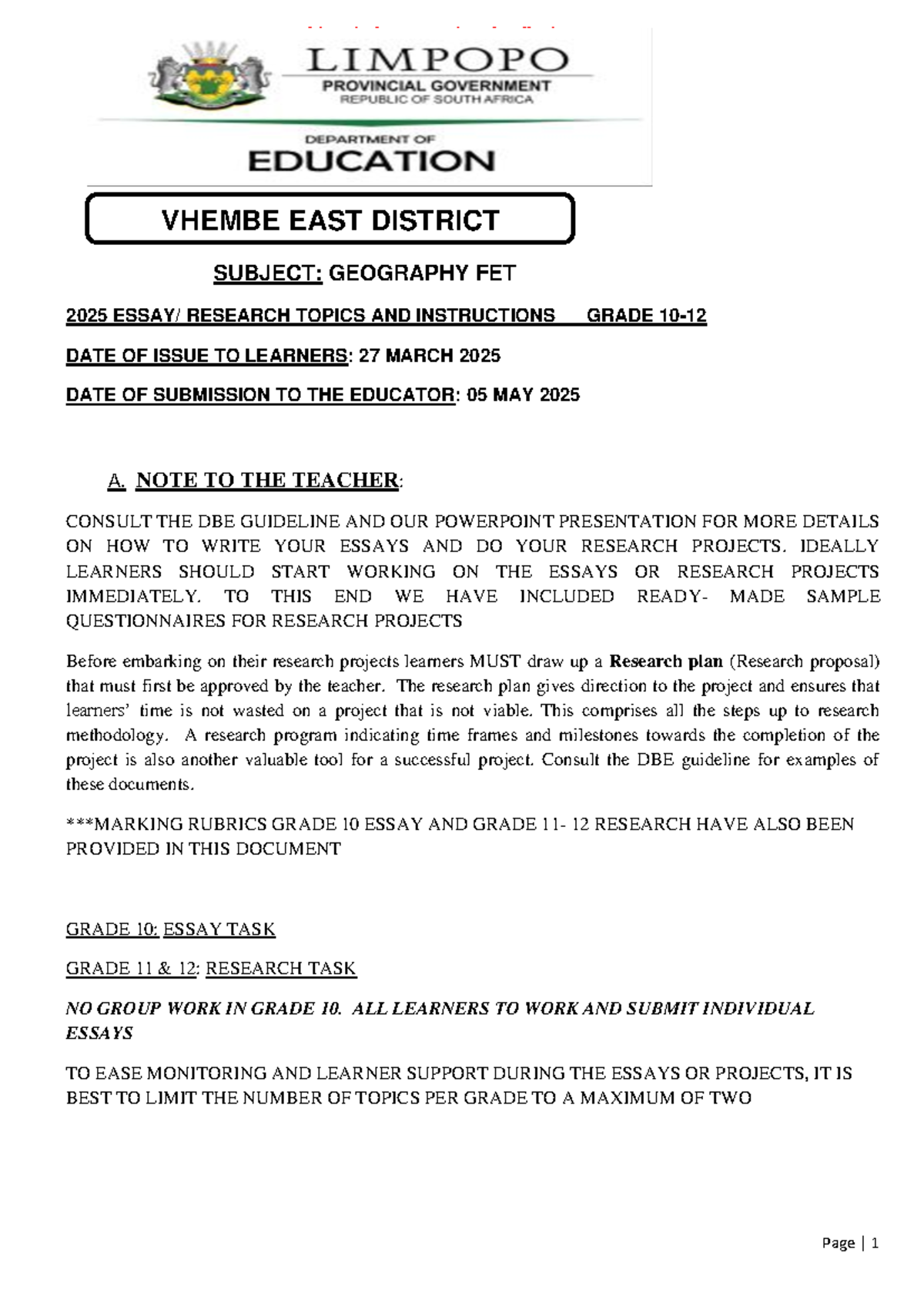 Geography 10-12 Research Topics & Essay Guidelines for 2025 - Studocu
