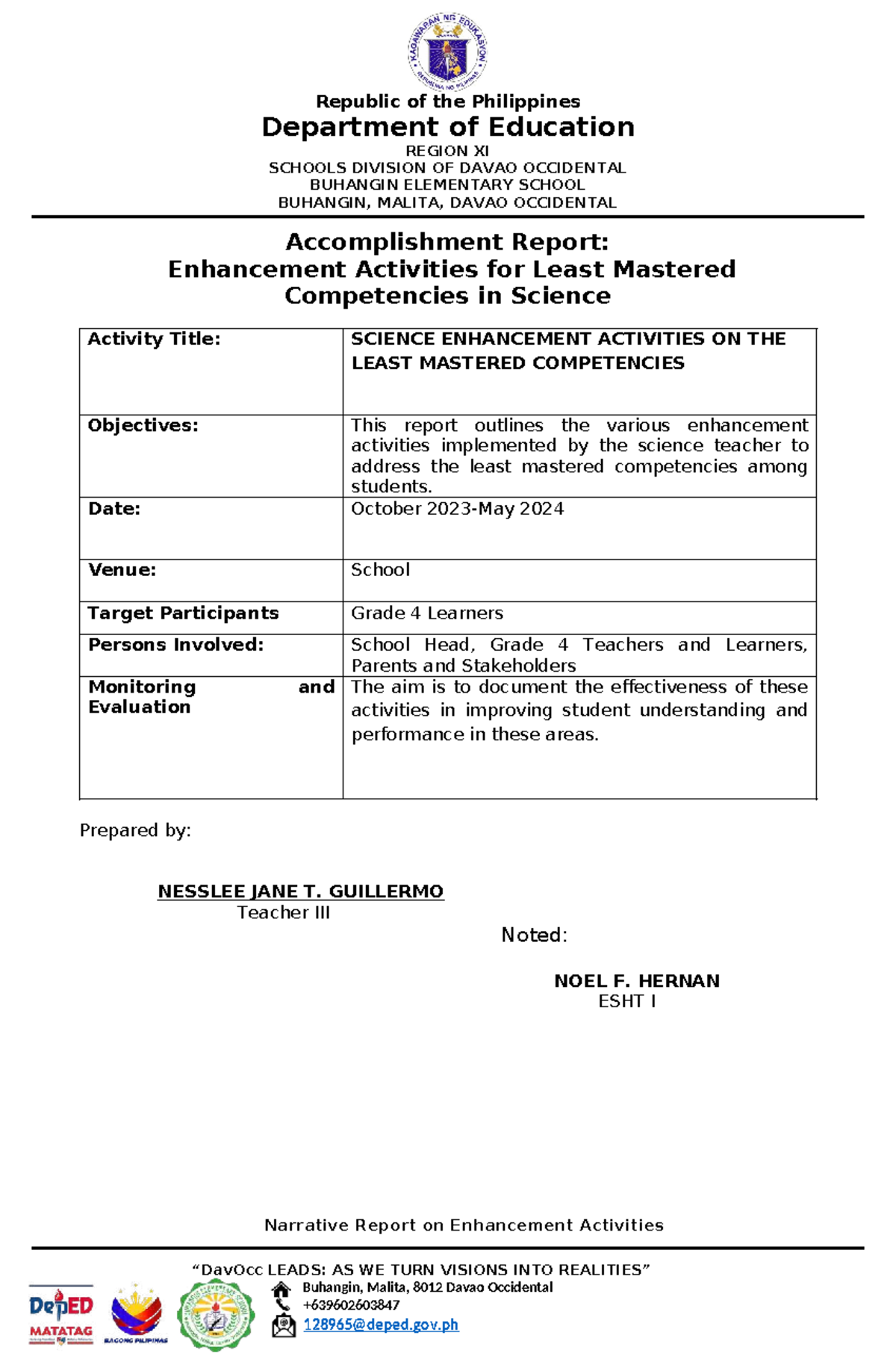 Accomplishment Report: Science Enhancement Activities 2023-2024 - Studocu