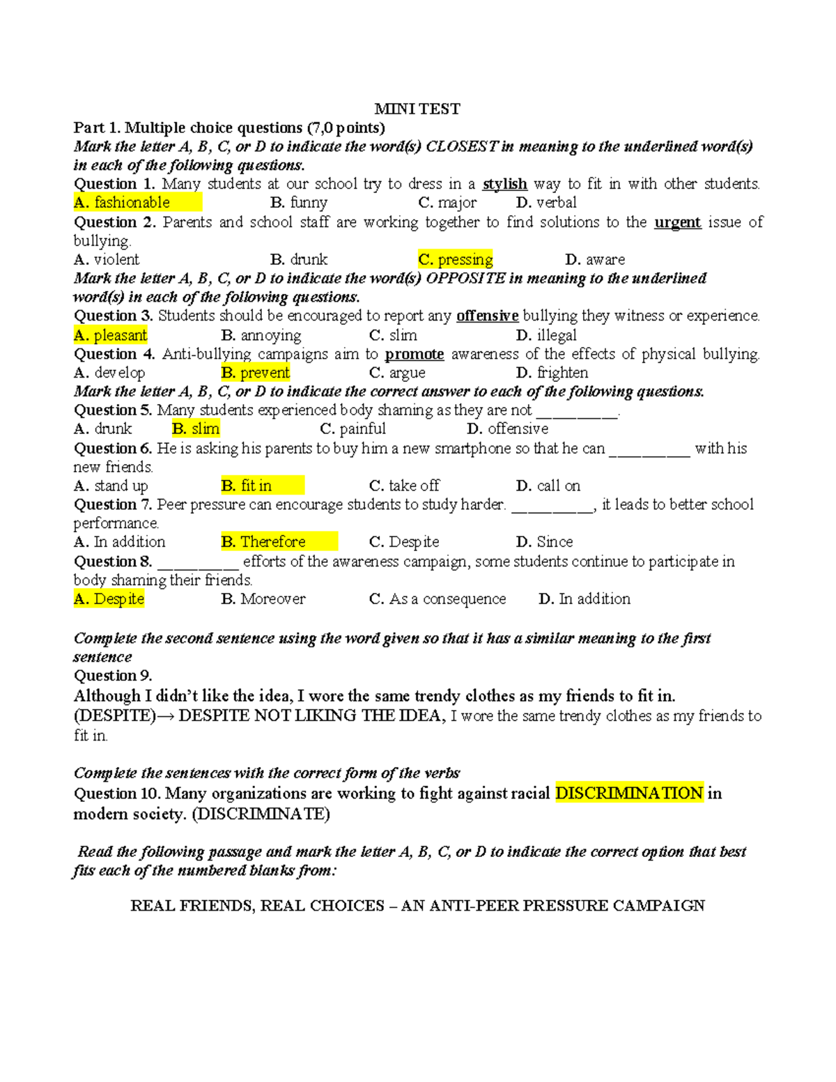 MINI TEST K11 - Multiple Choice Questions on Peer Pressure and Bullying ...