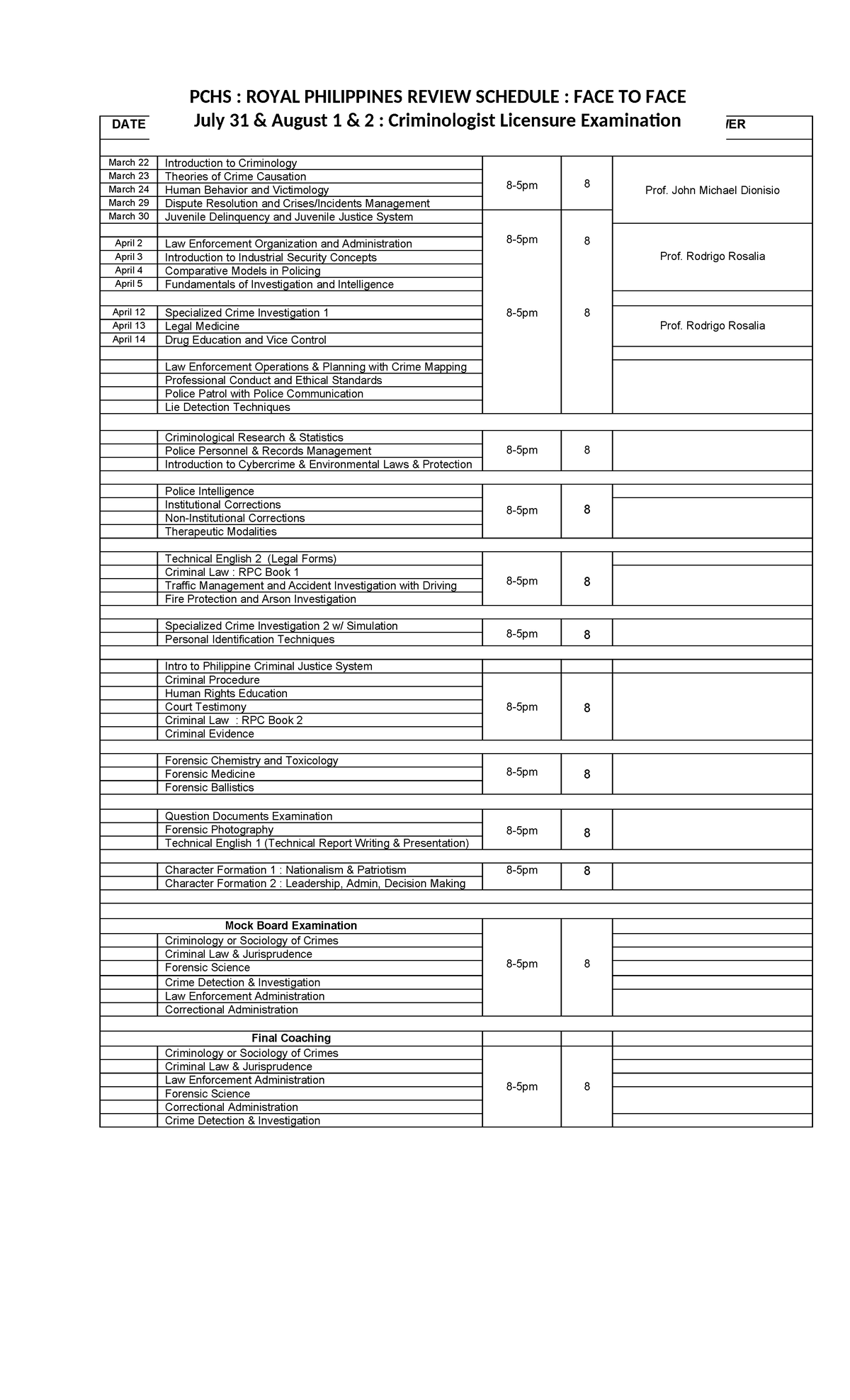 July CLE Schedule for Criminologist Licensure Exam 2023 - Studocu