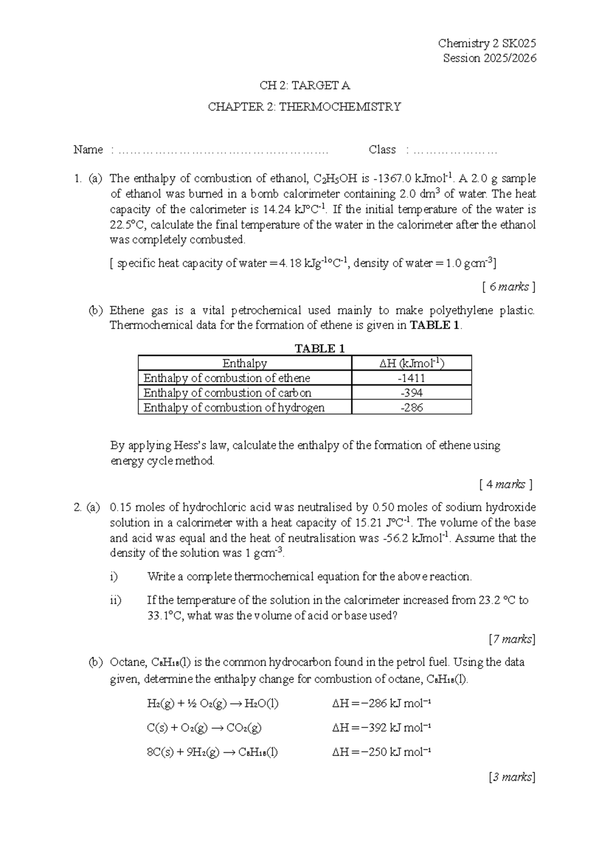 Chemistry 2 SK025 Final Exam: Chapter 2 Thermochemistry Analysis - Studocu