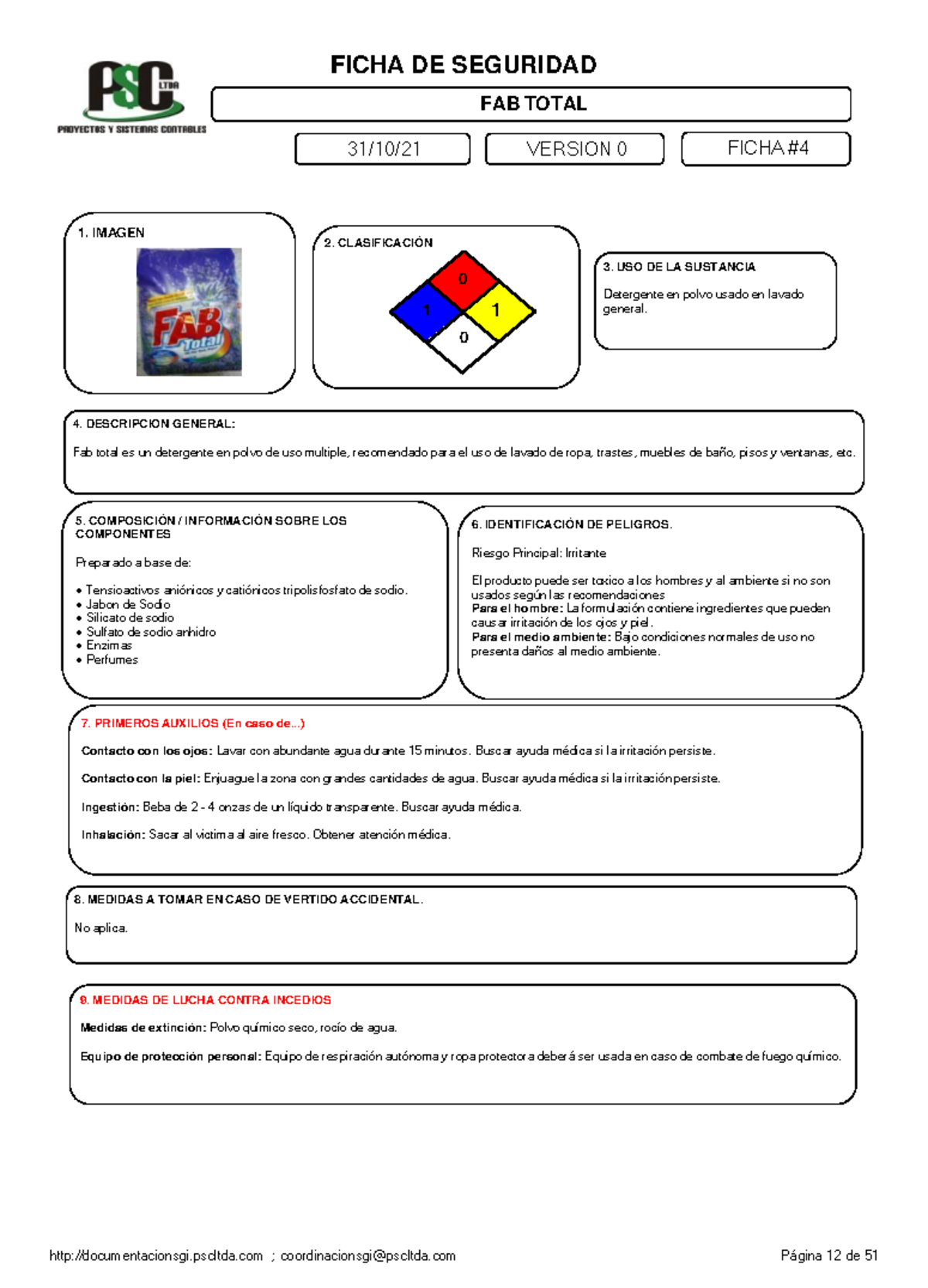 FDS FAB - FDS - FICHA DE SEGURIDAD FAB TOTAL 31/10/21 VERSION 0 FICHA ...