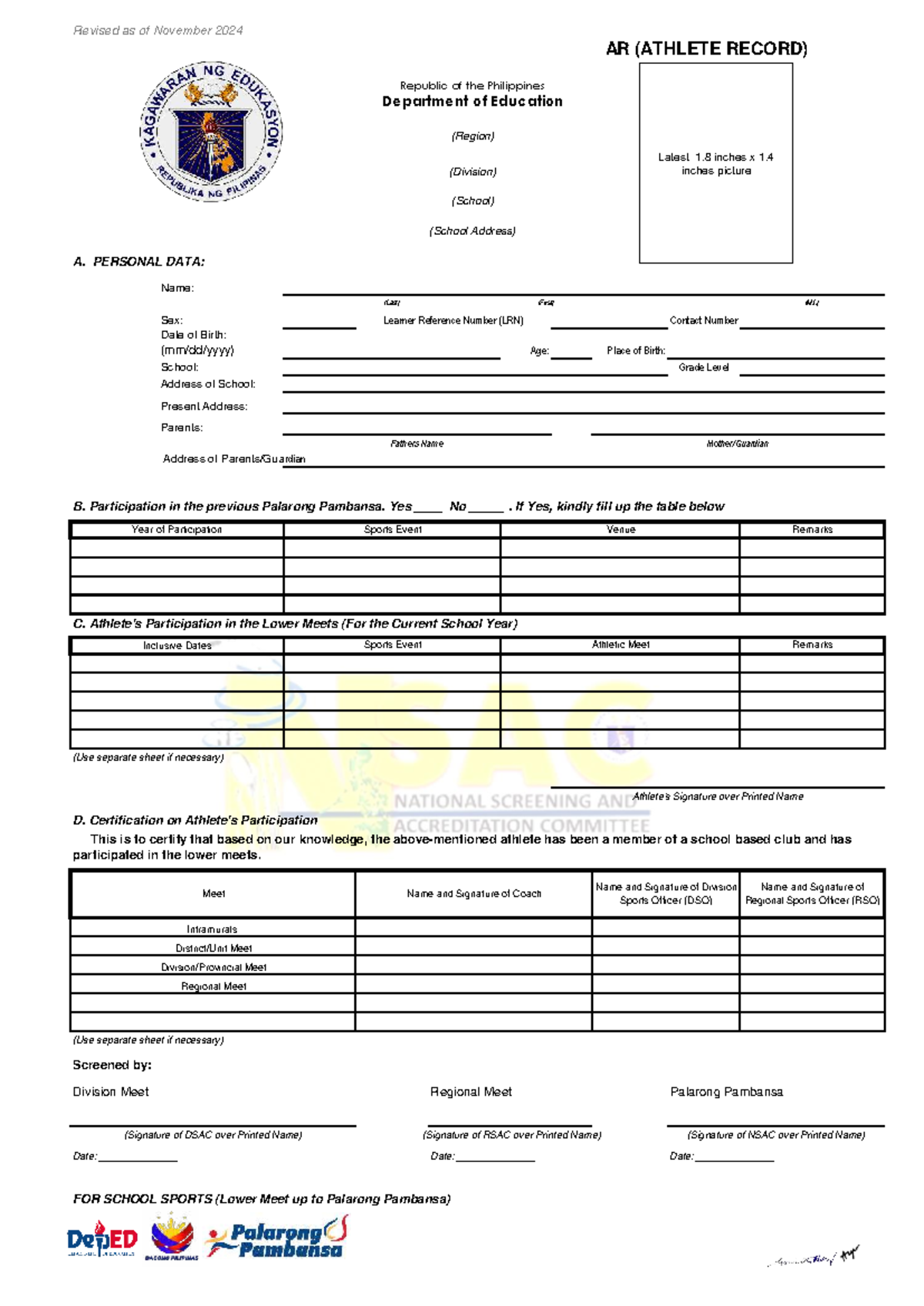Revised Athlete Record and Medical Forms for School Sports (Lower Meet ...