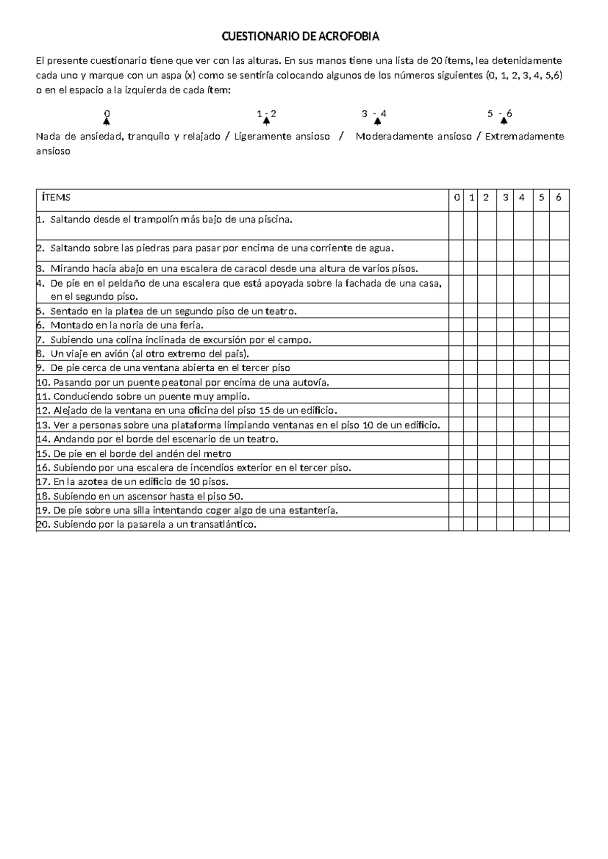 Cuestionario de Acrofobia: Evaluación de Ansiedad por Altura - Studocu