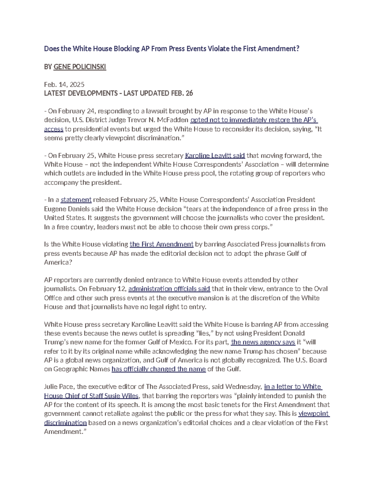 GENE POLICINSKI: AP Ban by White House & First Amendment Implications ...