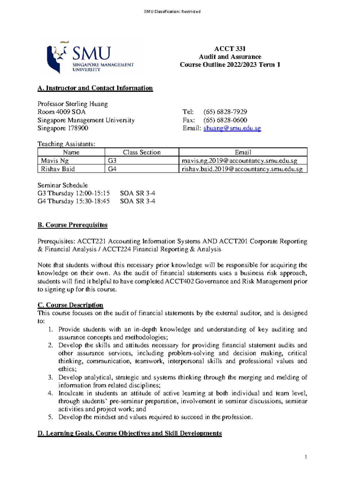 Course outline - ACCT 331 Audit and Assurance Course Outline 2022/2023 Term 1 A. Instructor and ...