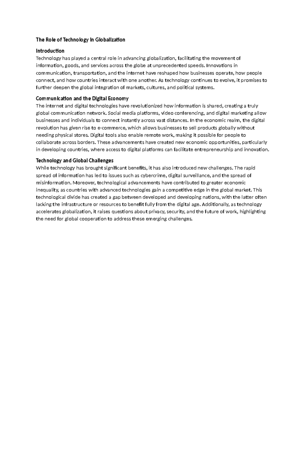 The Impact of Tech on Globalization: Opportunities & Challenges - Studocu