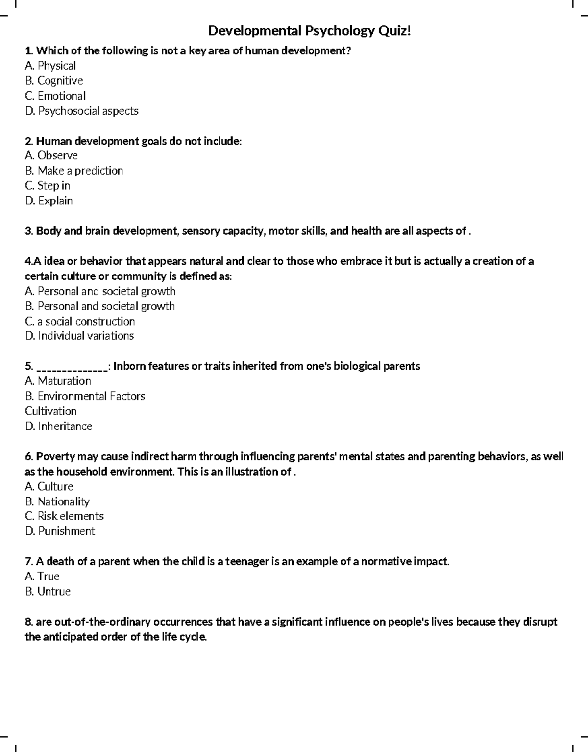 Developmental Psychology Quiz (PSY 101) - Study Questions & Answers ...