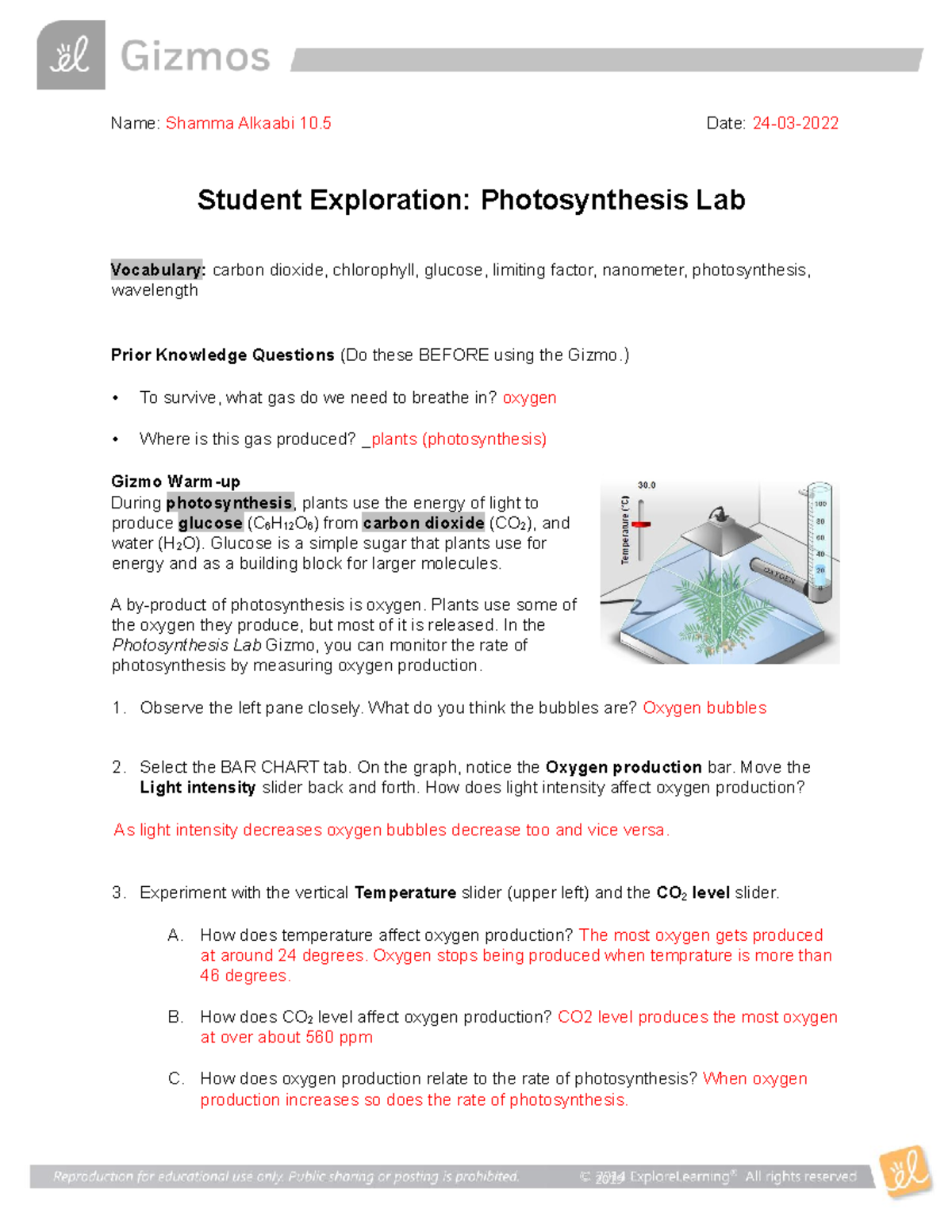 Photosynthesis Lab Exploration: Gizmos for Biology 10.5 - Studocu