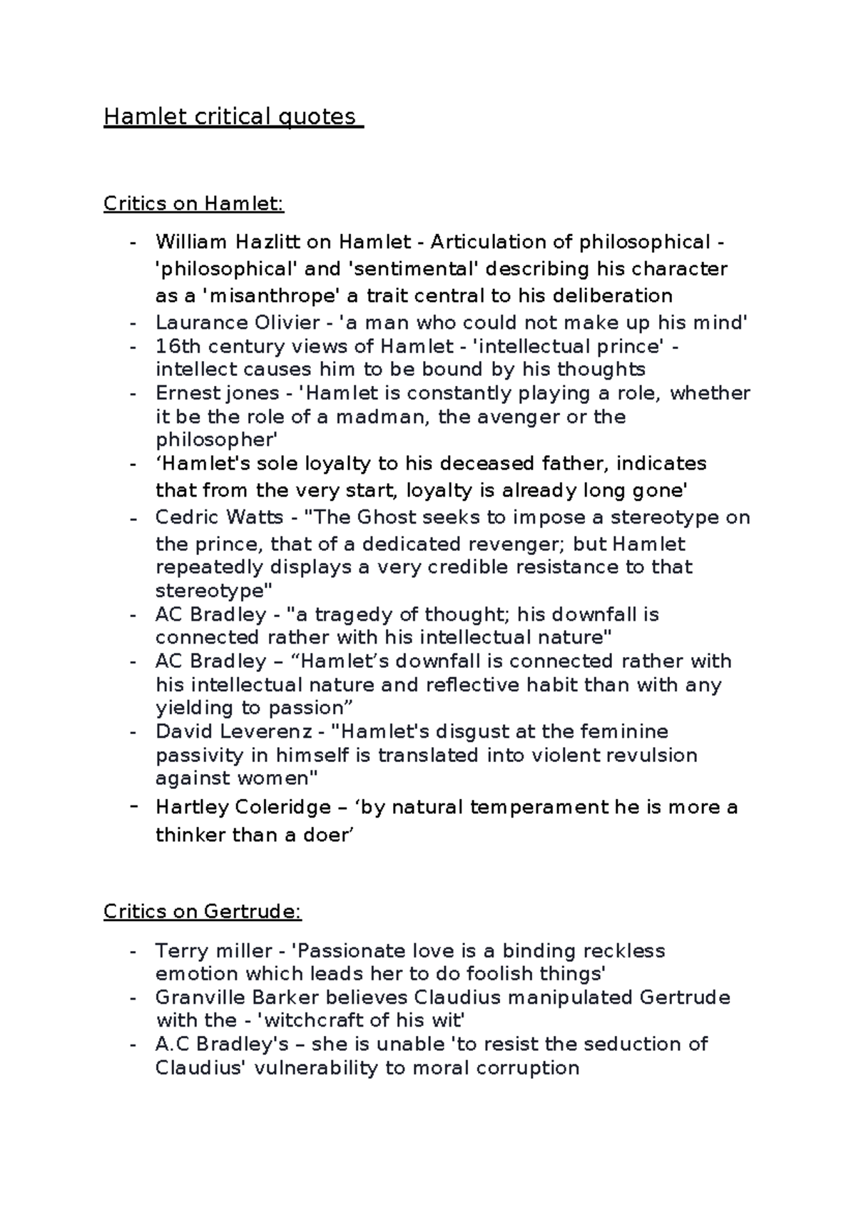 Hamlet critics - Key critical quotes for paper one (DRAMA PRE 1900 ...