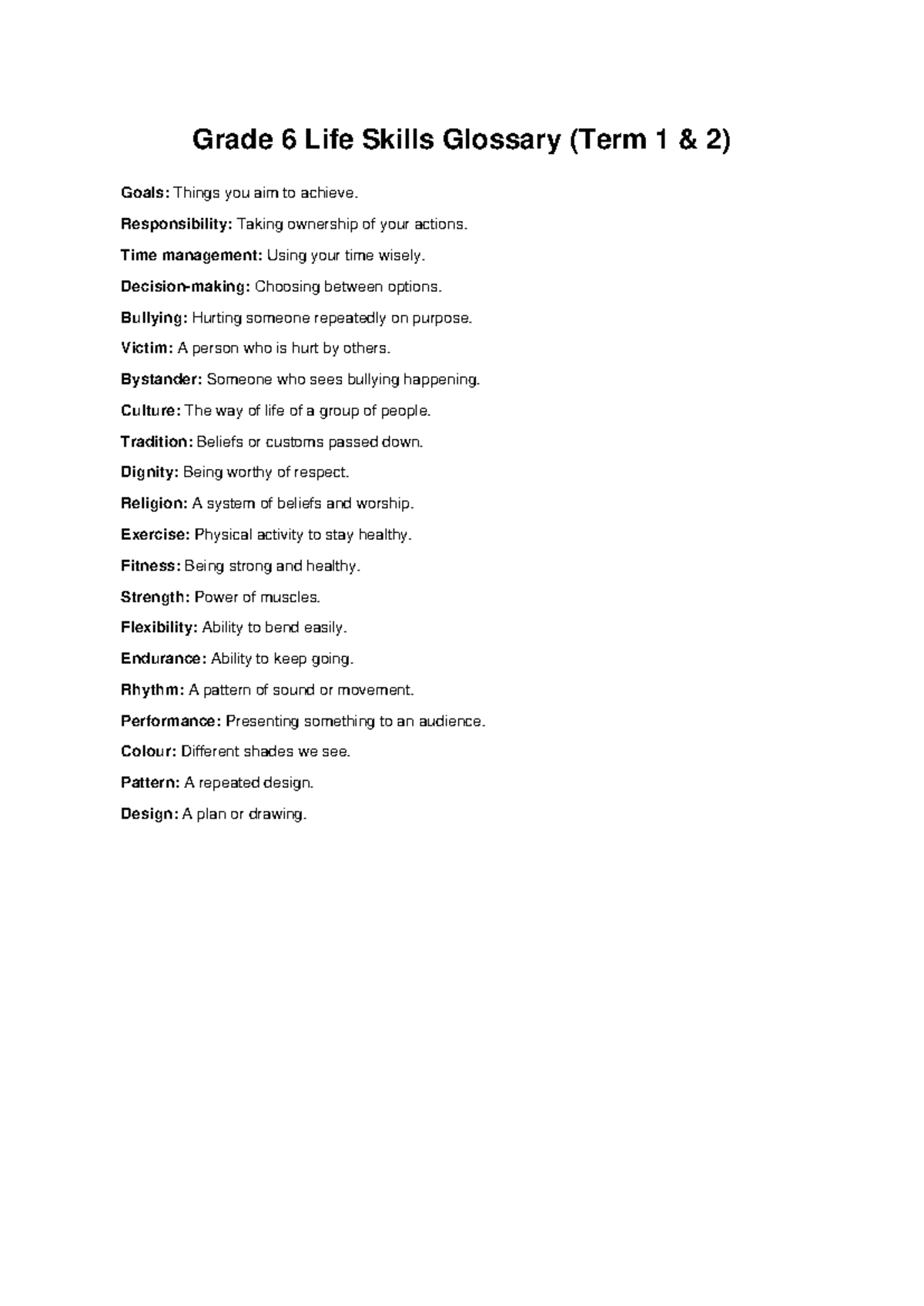 Grade 6 Life Skills Glossary (Term 1 & 2) Definitions and Concepts ...