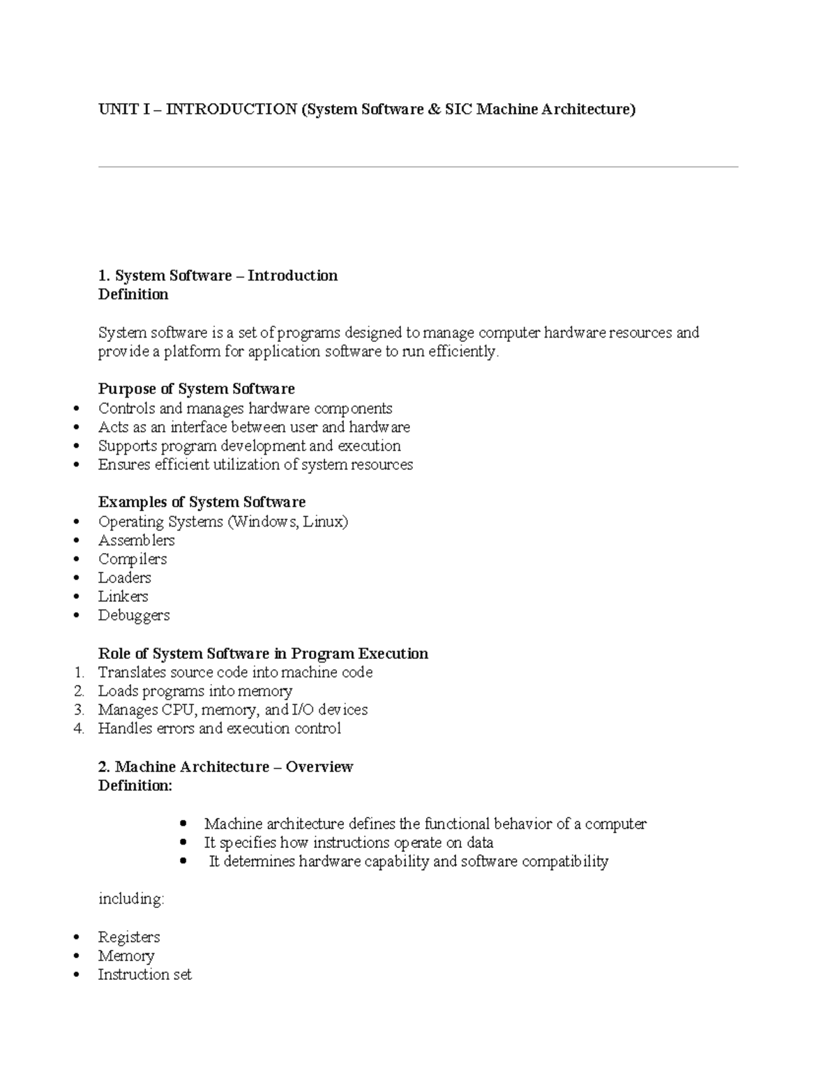 UNIT I - Introduction to System Software & SIC Machine Architecture - Studocu