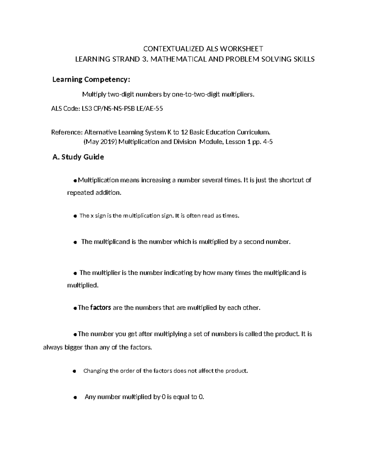 Contextualized ALS Worksheet: LS3 Math & Problem Solving Skills - Studocu