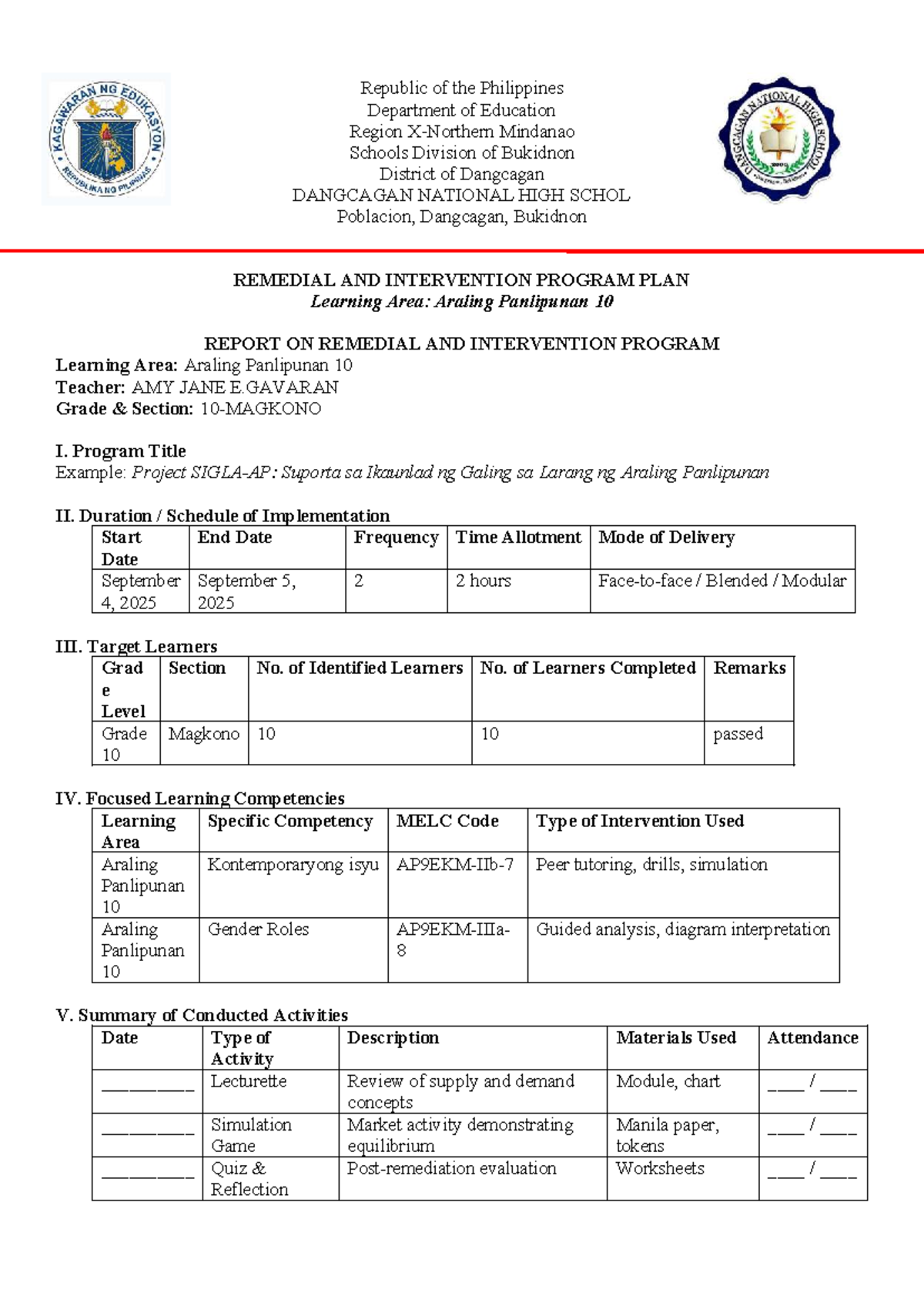 AP 10 Remedial & Intervention Program Plan: Araling Panlipunan Insights ...
