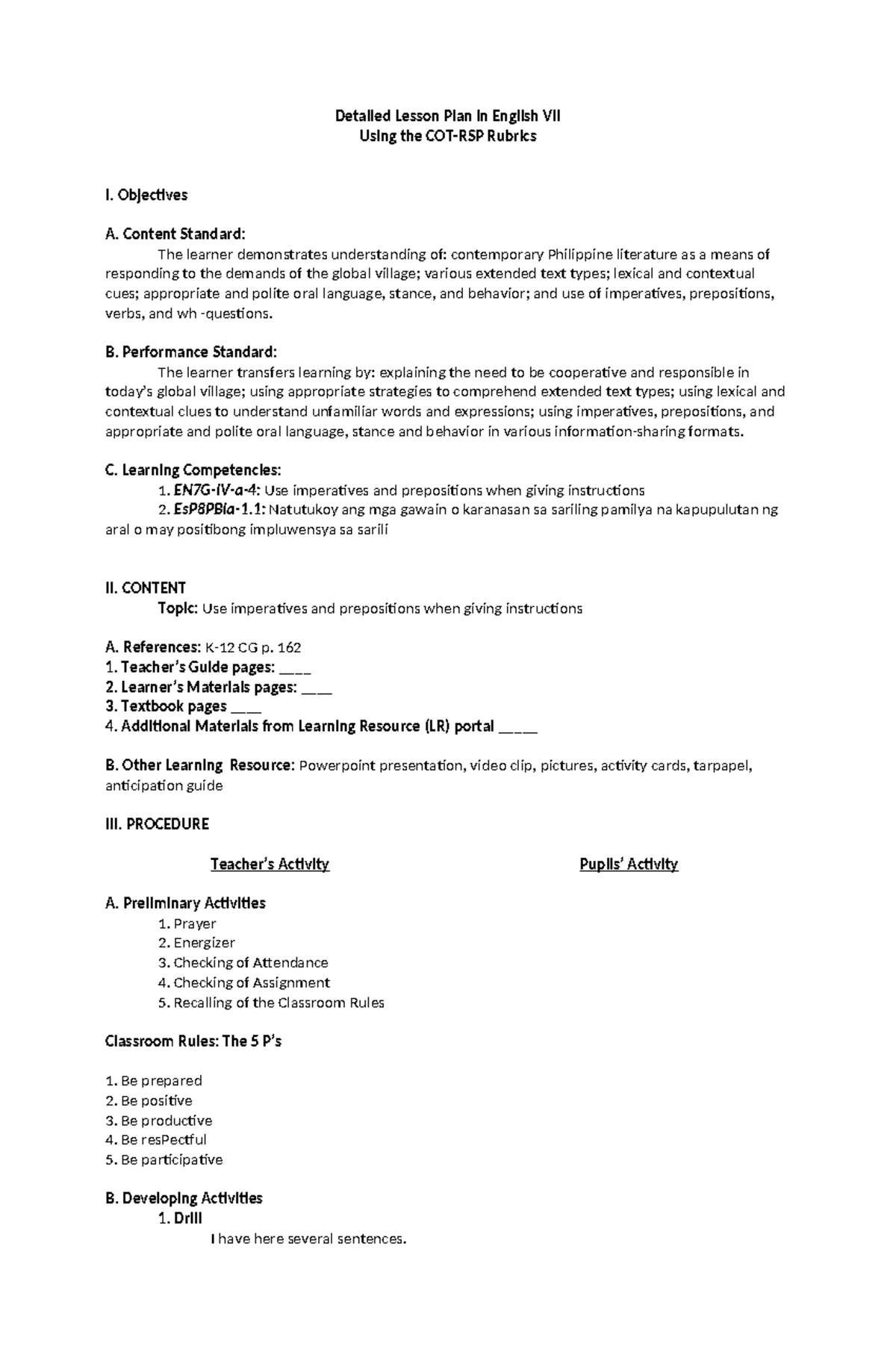 DLP English VII: Detailed Lesson Plan on Imperatives & Prepositions ...