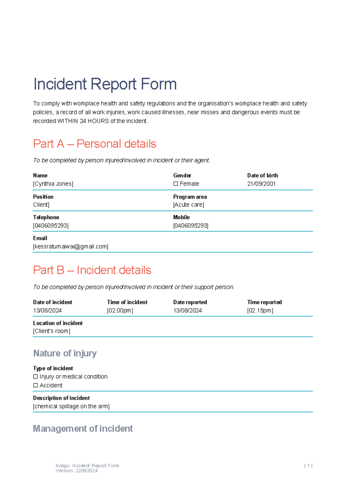 Indigo FRM Incident Report Form - Workplace Safety Compliance - Studocu