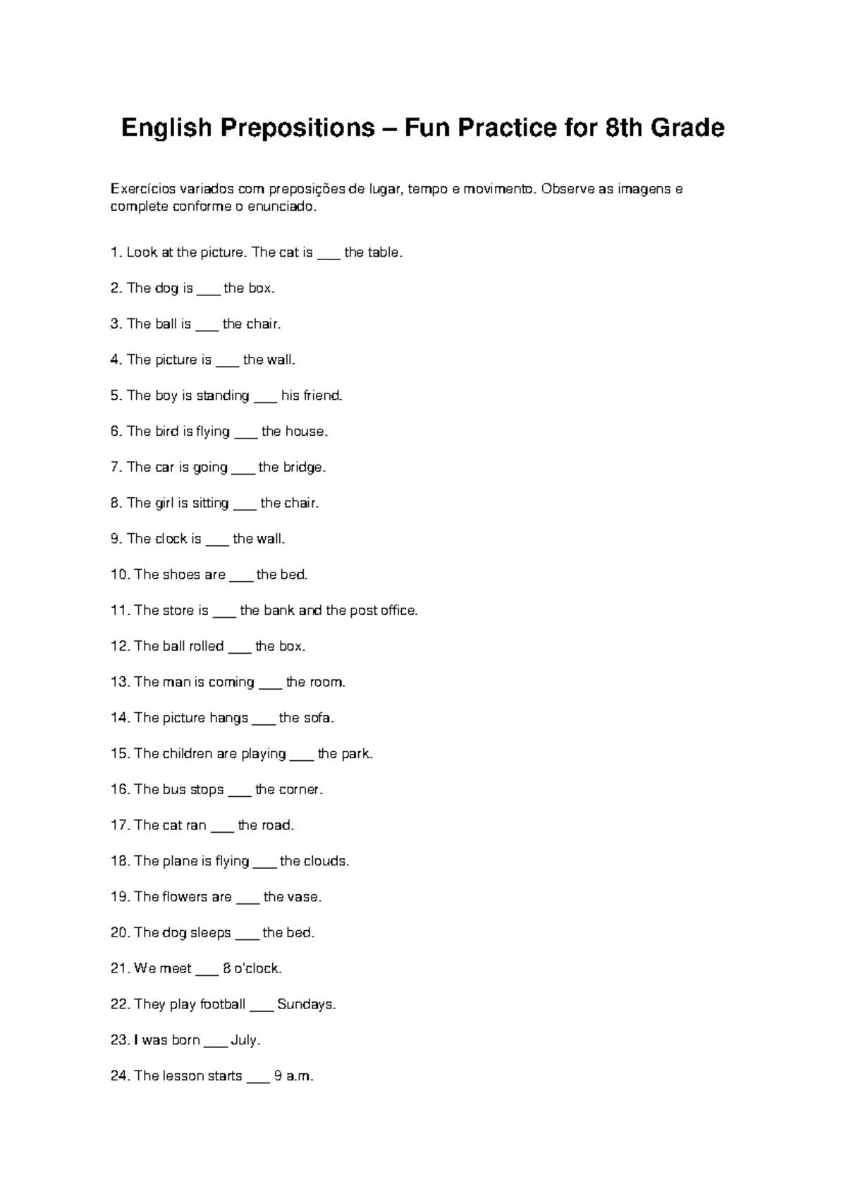 Prepositions Practice Exercises for 8th Grade - Studocu