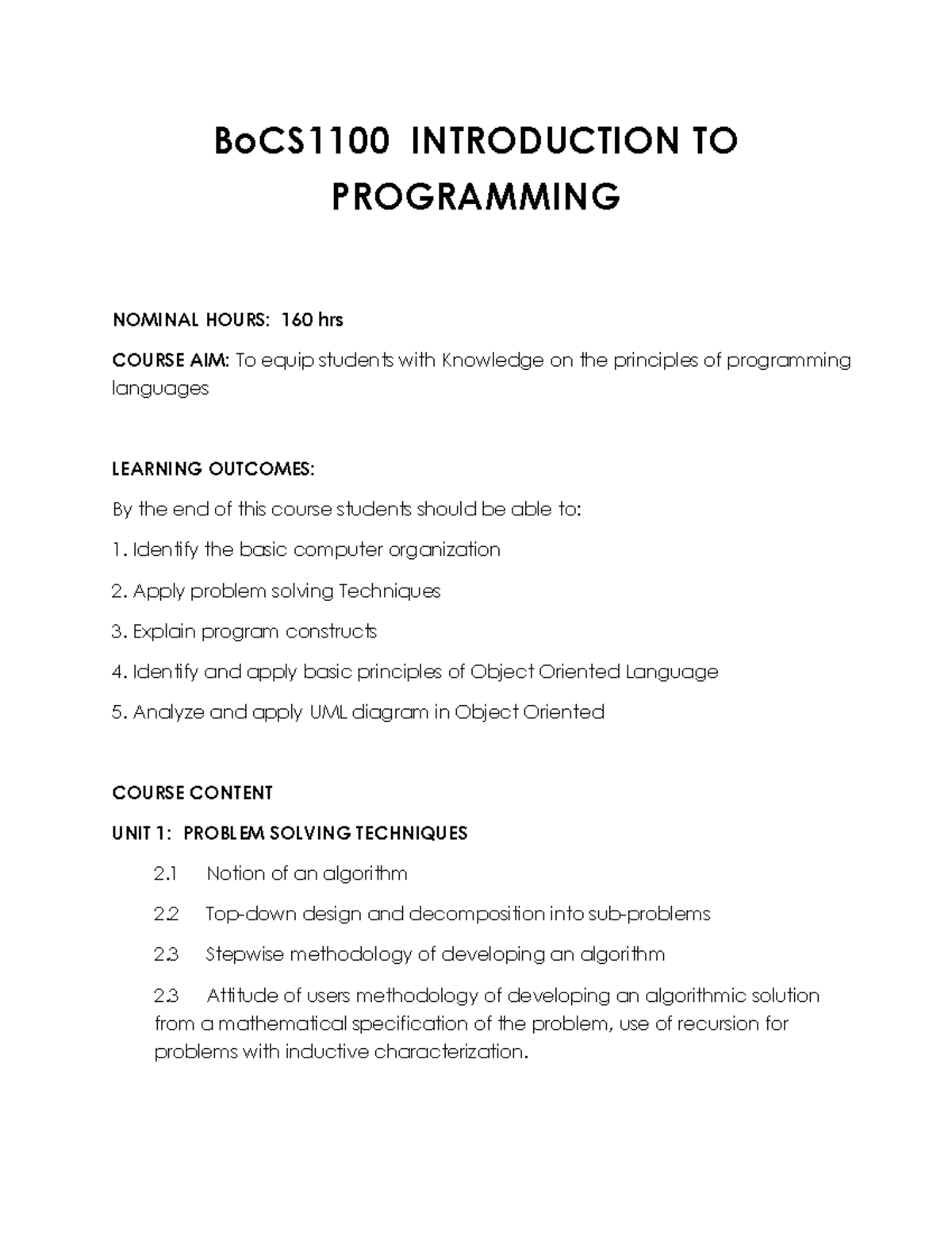 BoCS1100 Introduction to Programming Course Outline and Content - Studocu
