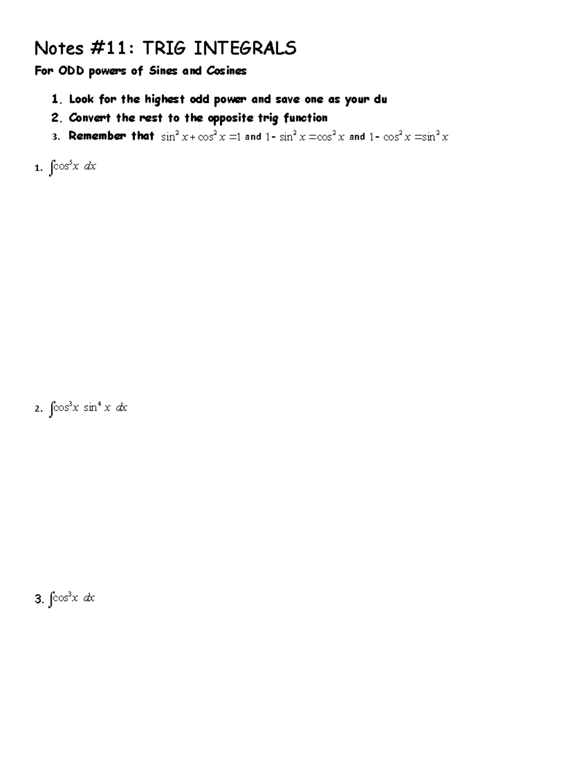 Trig Integrals Notes #11 - Odd and Even Powers Explained - Studocu