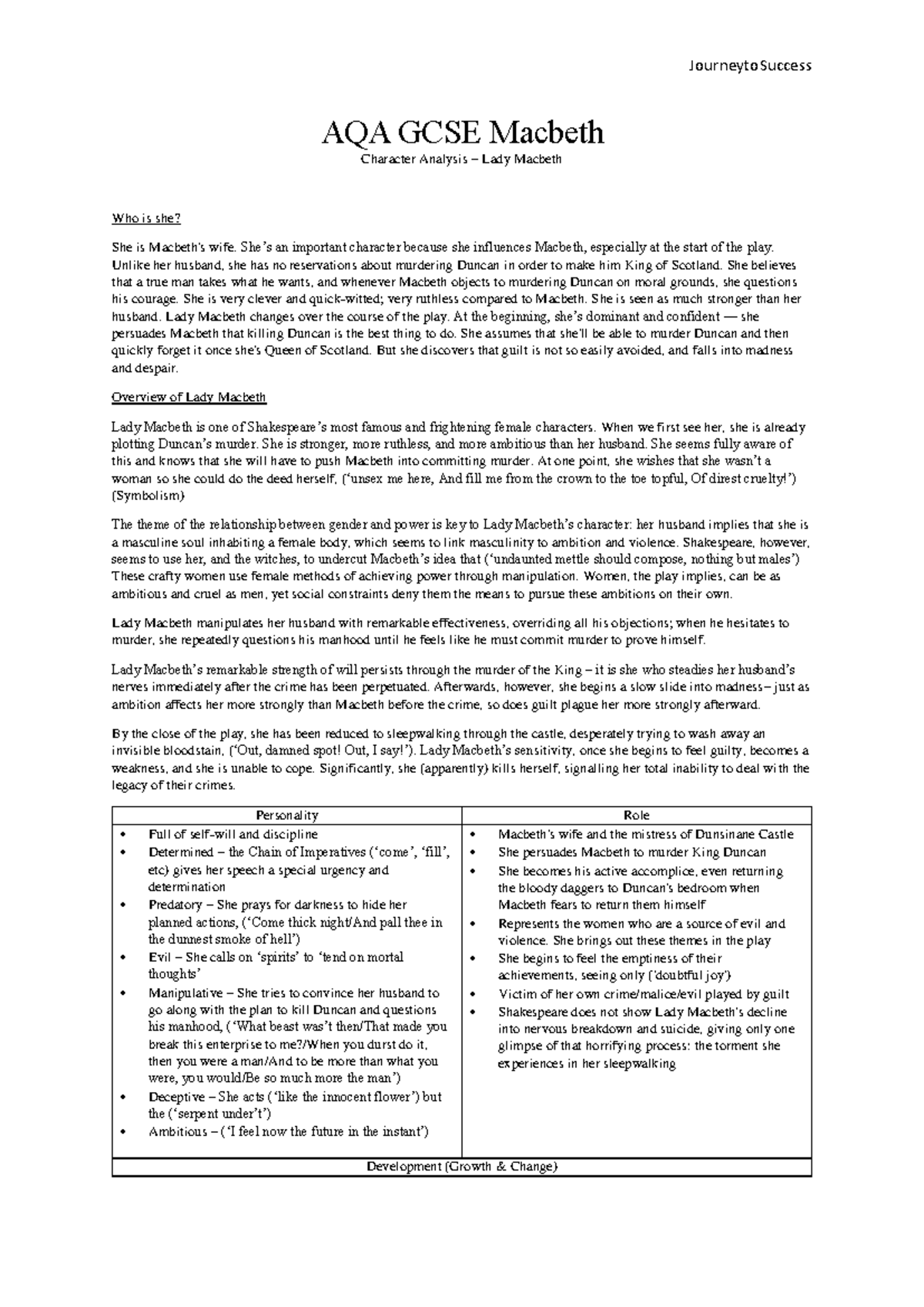 AQA GCSE Macbeth: In-Depth Character Analysis of Lady Macbeth - Studocu