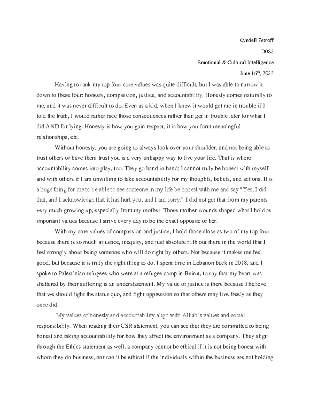 Cultural Intellgence Assignment - Cyndell Petroff D Emotional ...