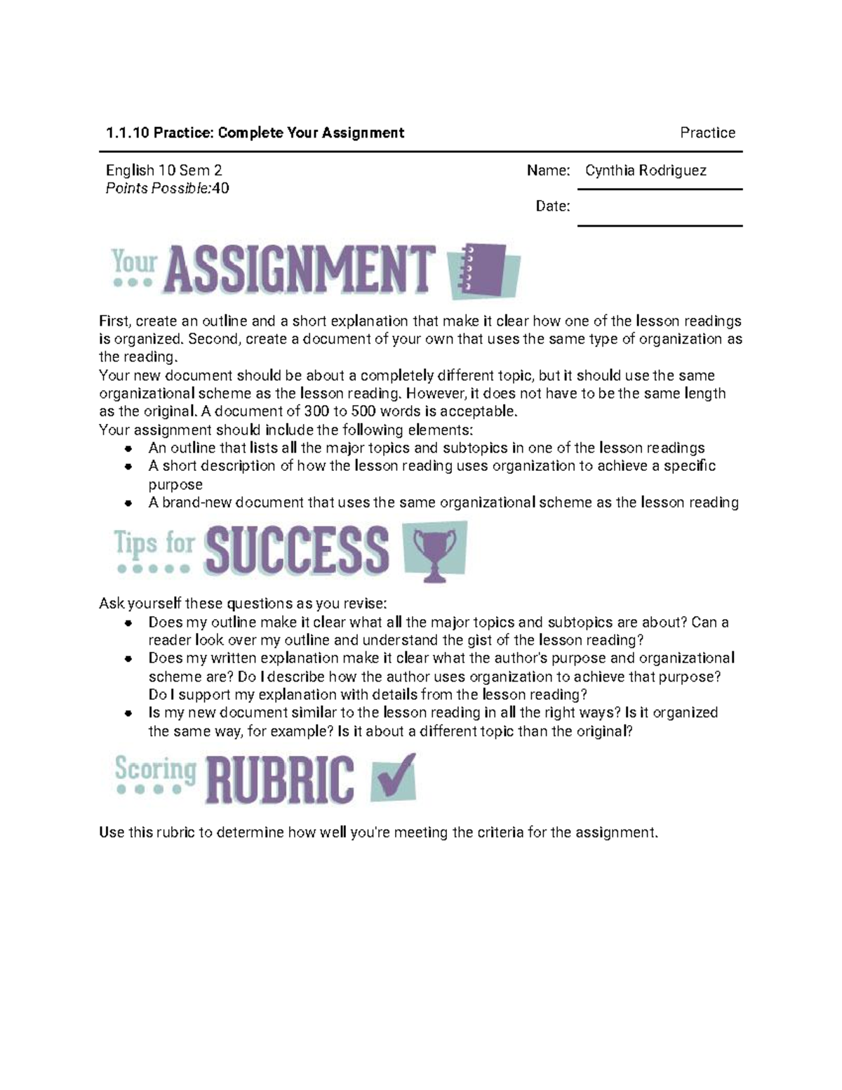 ENG 10 Sem 2: 1.1.10 Practice - Assignment Completion Guide - Studocu
