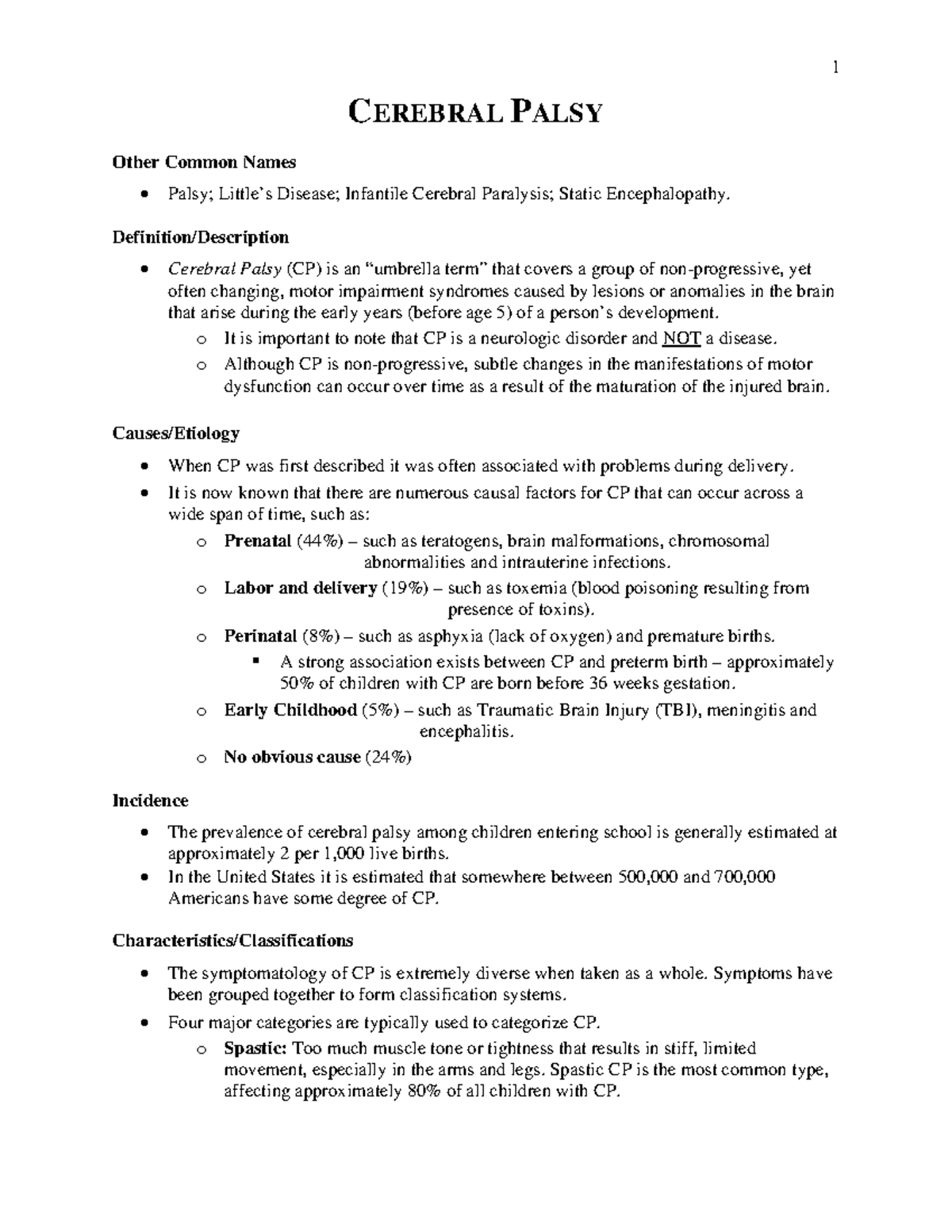 Cerebral Palsy Handout - CEREBRAL PALSY Other Common Names Palsy ...