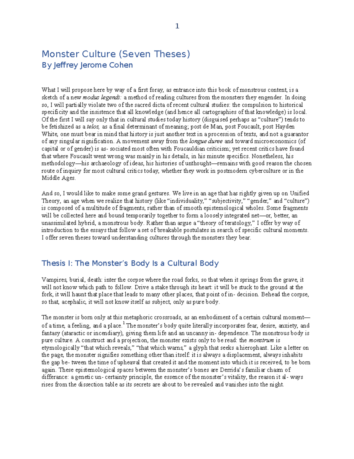 **ENG 212: Analyzing Monster Culture: Seven Theses by Jeffrey Jerome ...