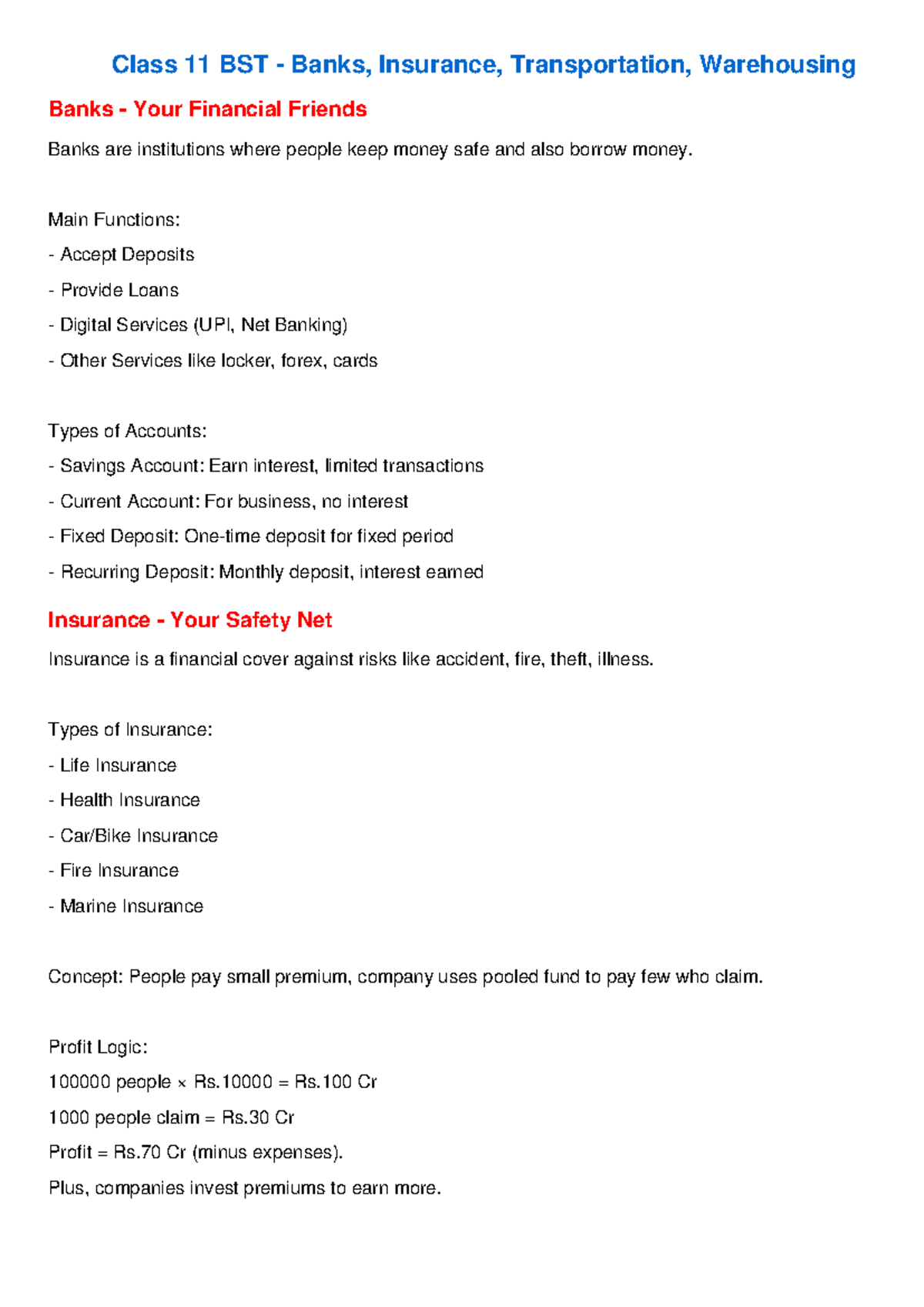 Class 11 BST: Banks, Insurance, Transportation & Warehousing Overview ...