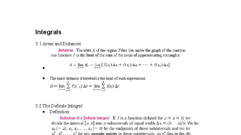 Calculus 5.1: Areas, Distances & Definite Integrals (Math 1X3) - Studocu