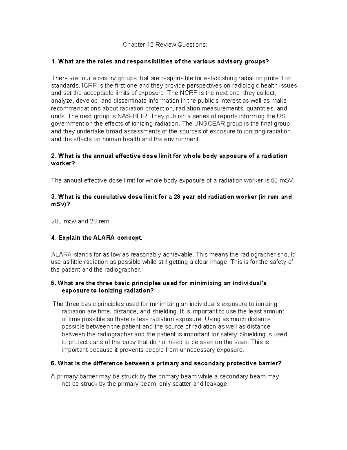 Chapter 10 Review Questions on Radiation Protection Standards - Studocu