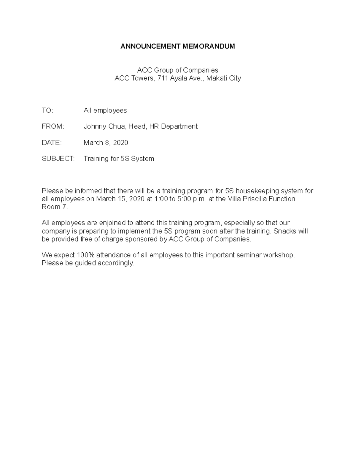 Example of Announcement Memorandum- Technical Writing - ANNOUNCEMENT ...