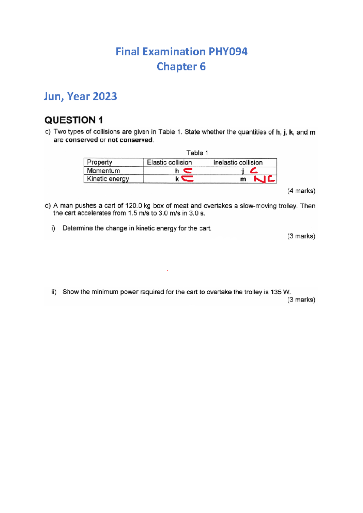 Final PHY094 - Chapter 6 - Final Examination PHY Chapter 6 Jun, Year ...
