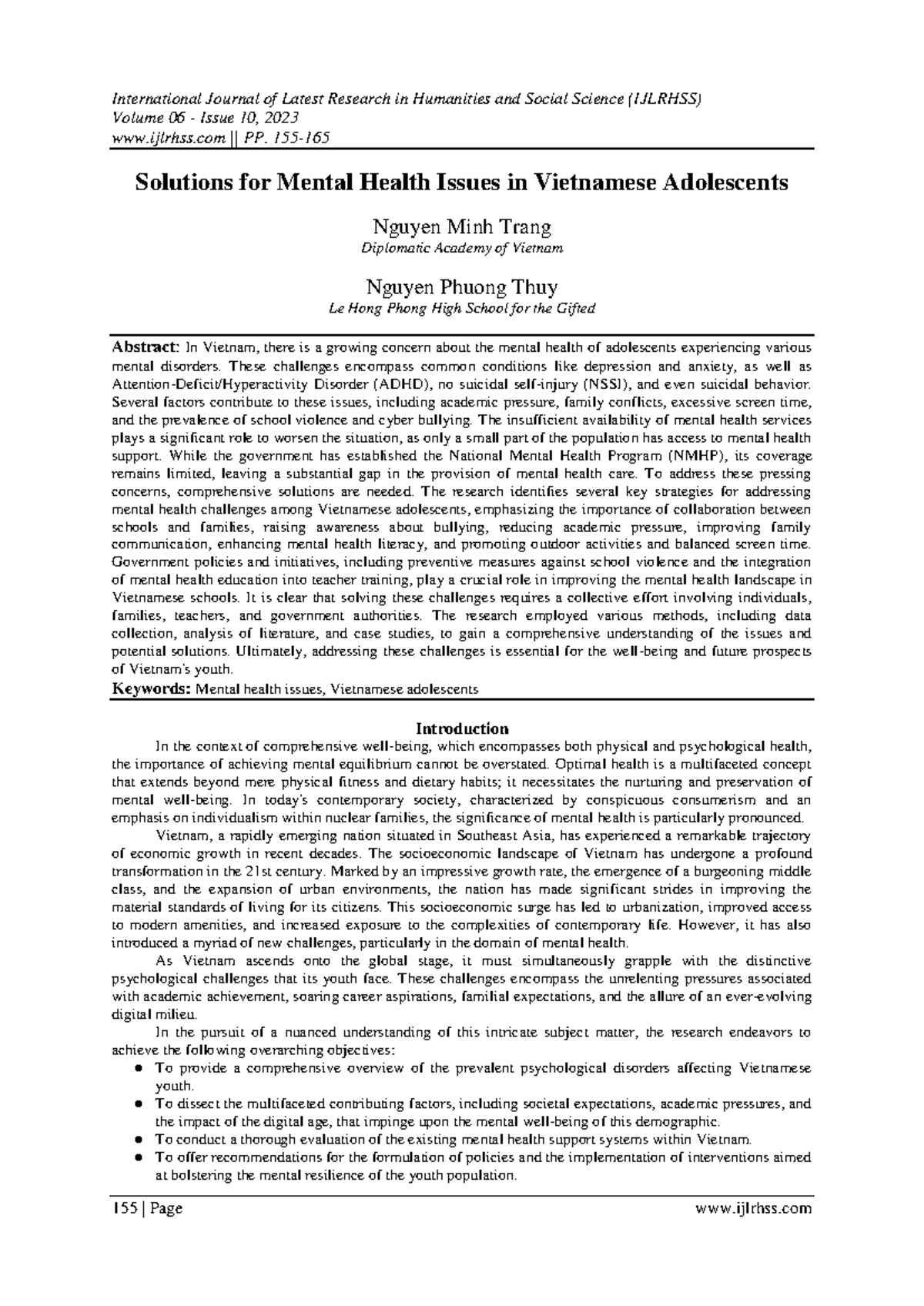 Solutions for Mental Health Issues in Vietnamese Adolescents (HSS-2319 ...