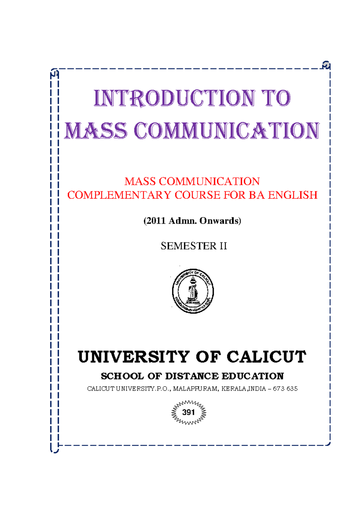 Introduction TO MASS Communication MASS - INTRODUCTION TO MASS ...