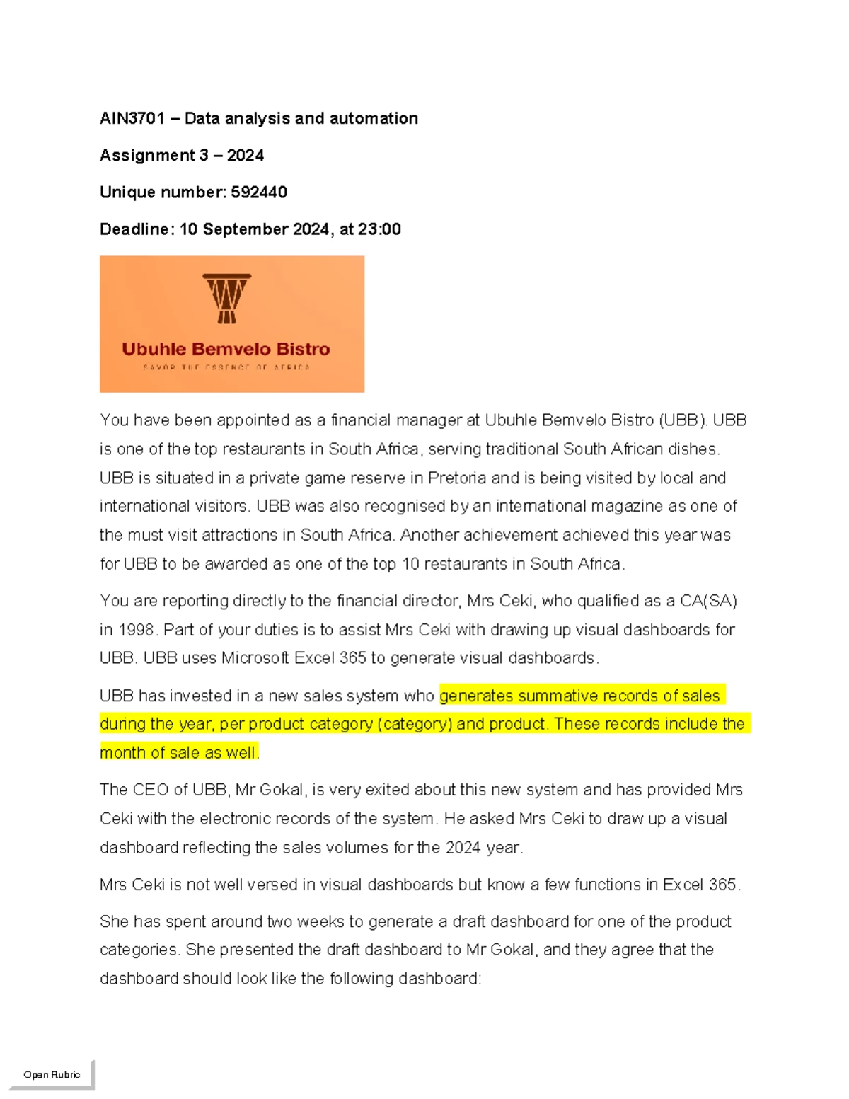 AIN3701 Assignment 3 Memo: Excel Visual Dashboard Setup 2024 - Studocu