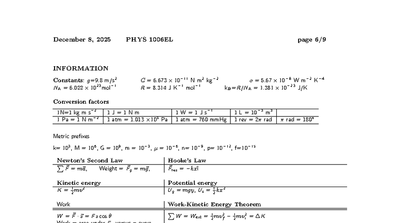 Physics Final Exam 2025F: Key Formulas and Constants - Studocu