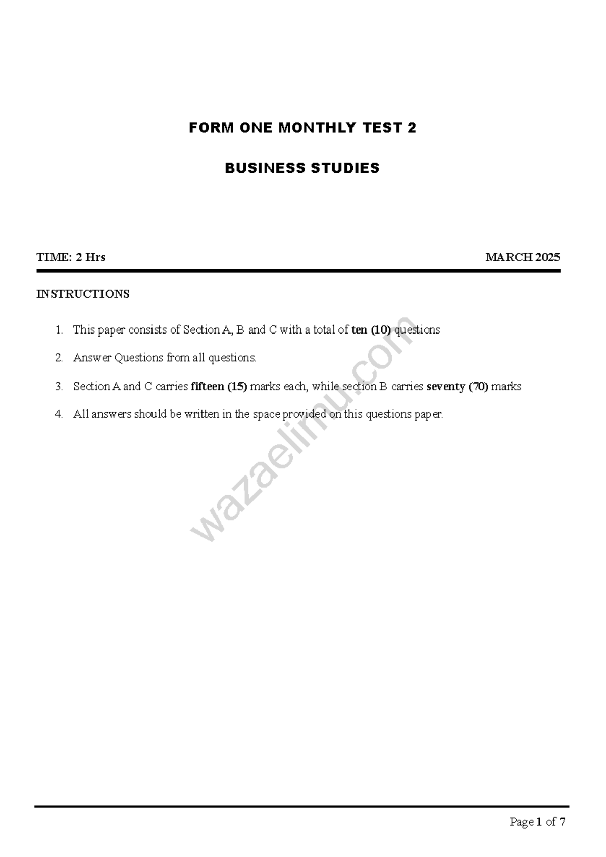 F1 - Monthly Test 2 - Business Studies - March 2025 - Studocu