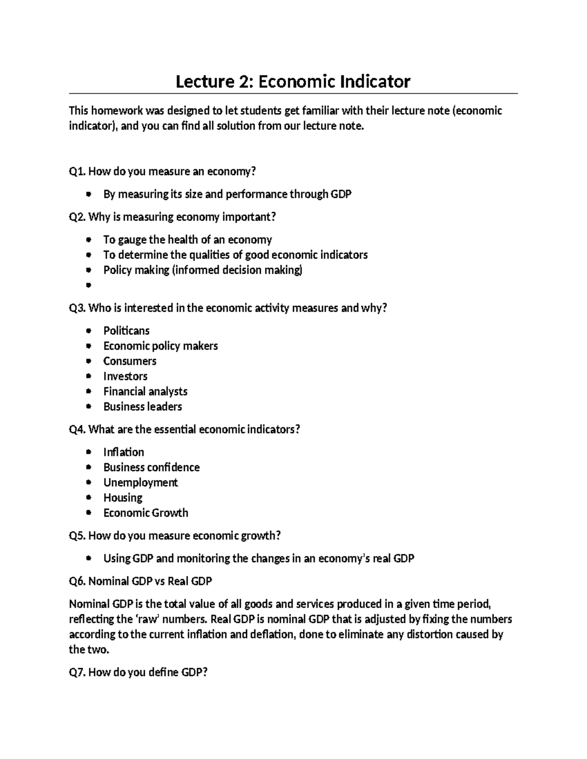 Lecture 2: Economic Indicators - Tutorial 3 Worksheet - Studocu