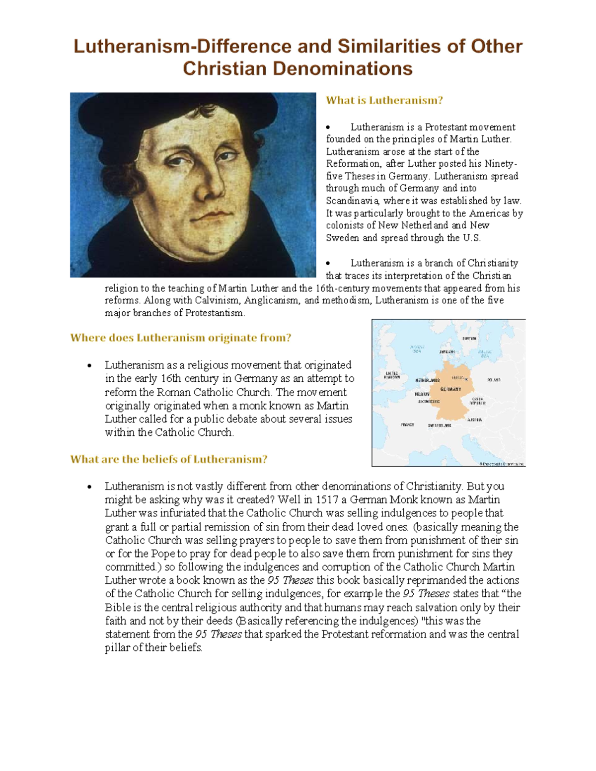 Lutheranism: Origins, Beliefs, and Comparison with Catholicism - Studocu