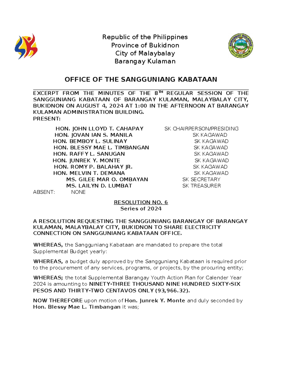 SK Resolution No. 6: Excerpt from 8th Regular Session Minutes - Studocu