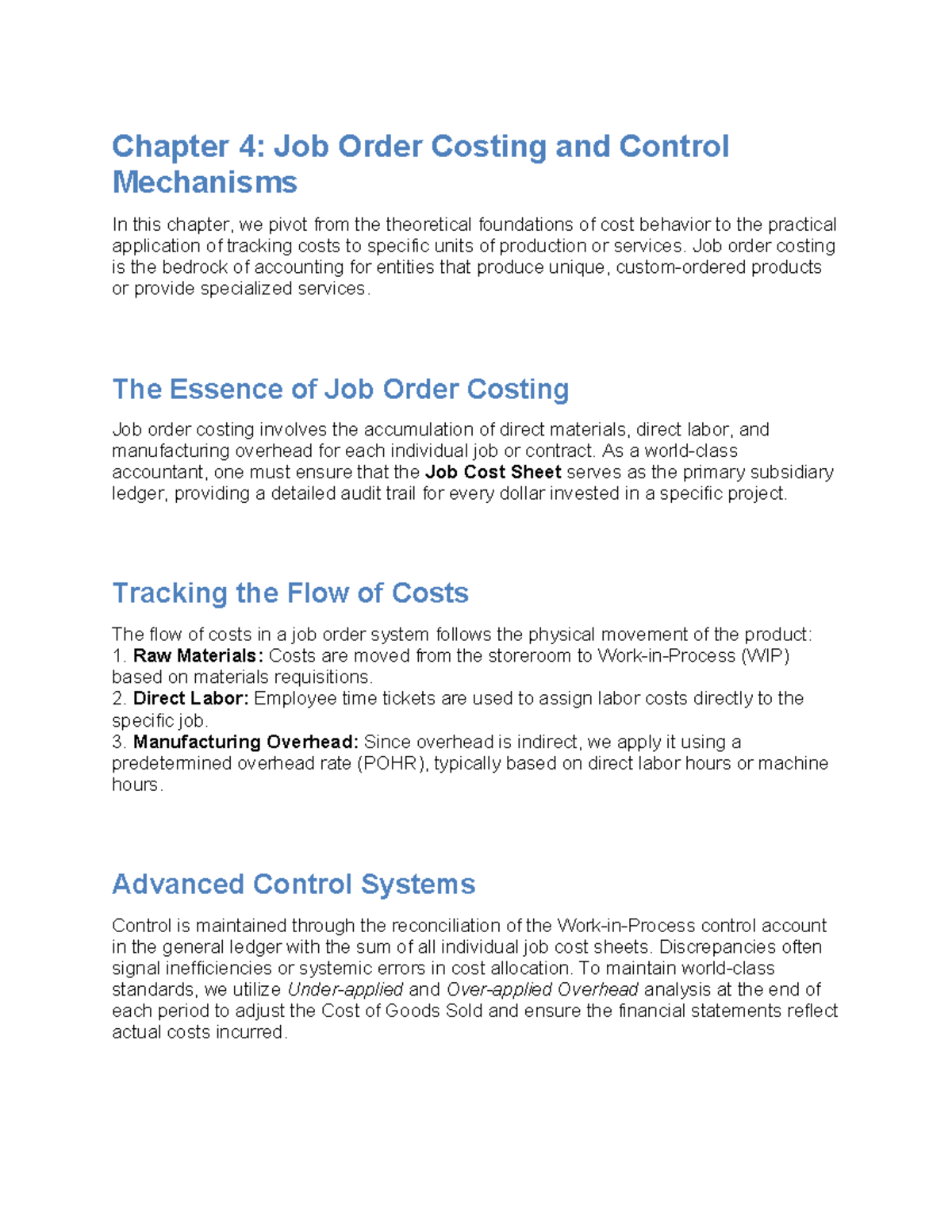 Cost Accounting: Chapter 4 - Job Order Costing & Control Mechanisms ...